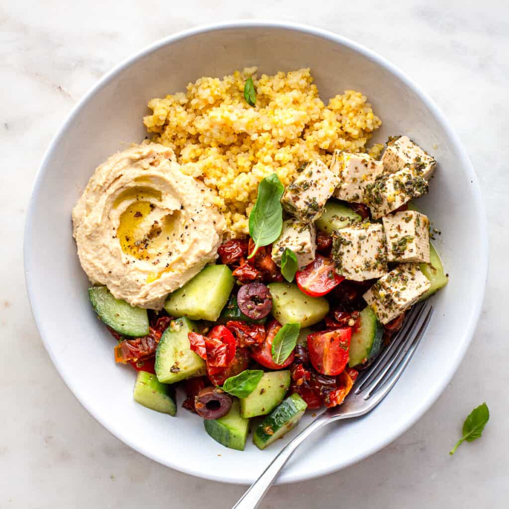 Vegan Greek Hummus Bowl (With Tofu Feta) - Cooking With Elo